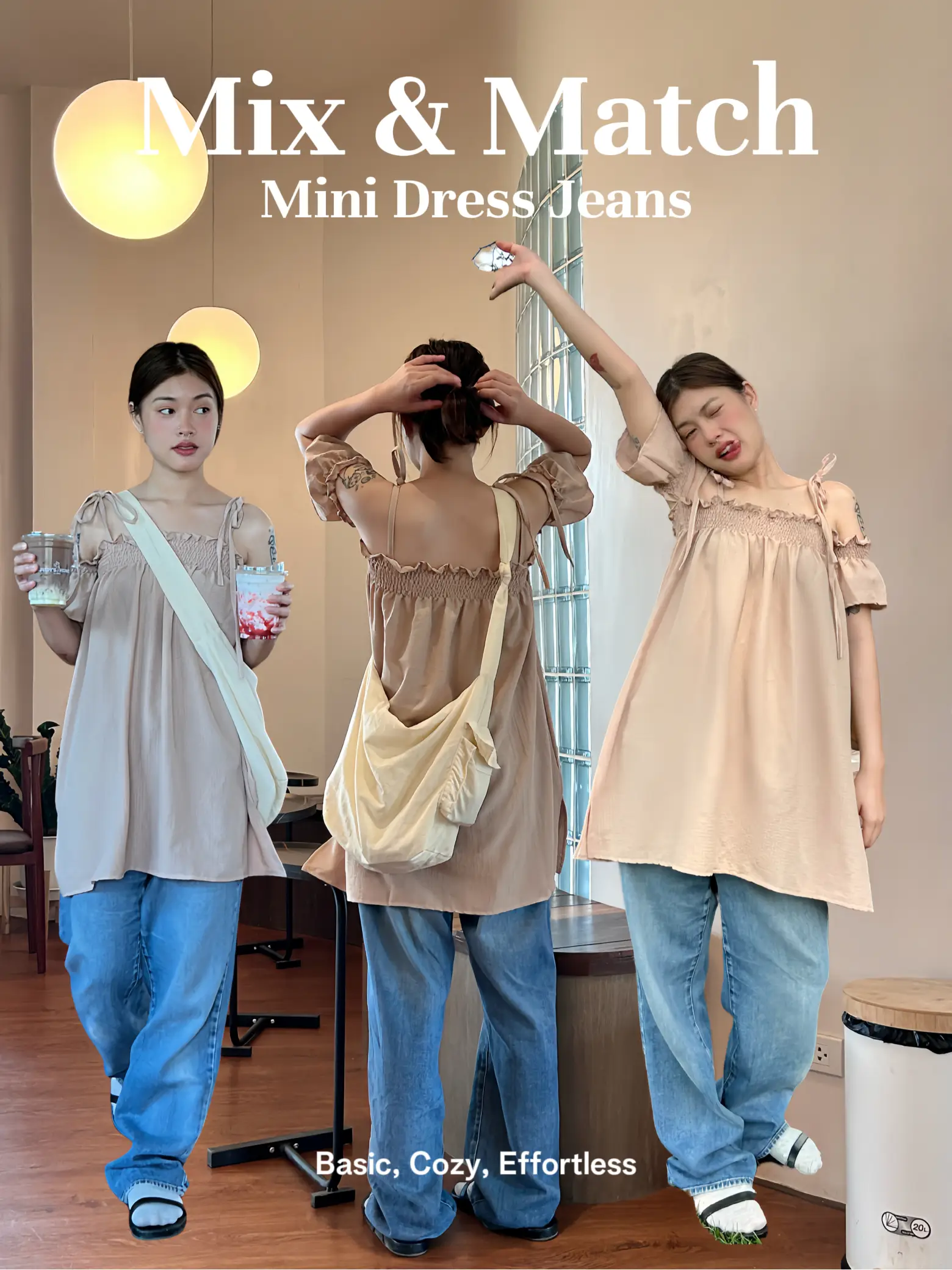 Mix & Match มินิเดรสกับกางเกงยีนส์ 🌰🫐 | แกลเลอรีที่โพสต์โดย Destiny | Lemon8