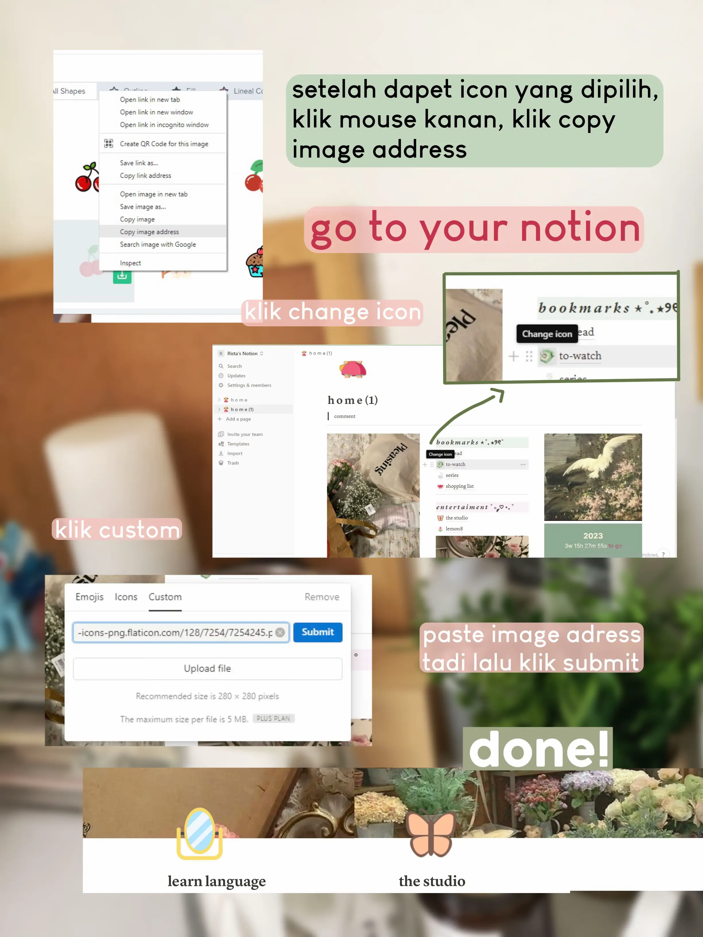 get icon aesthetic in your notion | notion tips 3🎀 | Galeri diposting oleh shourtcakee | Lemon8
