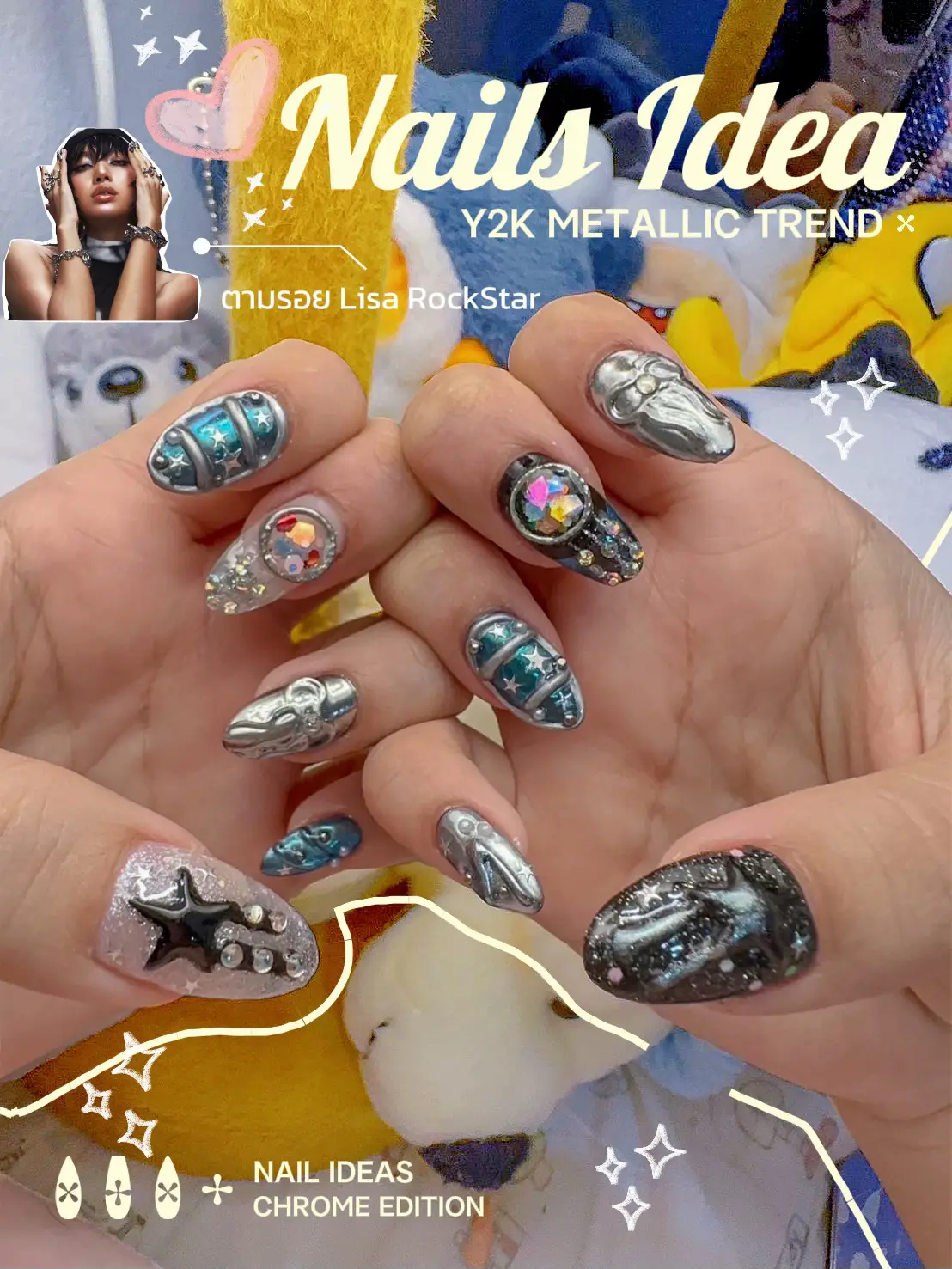 แชร์ไอเดียเล็บ Y2K Metallic 🩶🖤ตามรอย ลิซ่า RockStar ⚝ | แกลเลอรีที่ ...