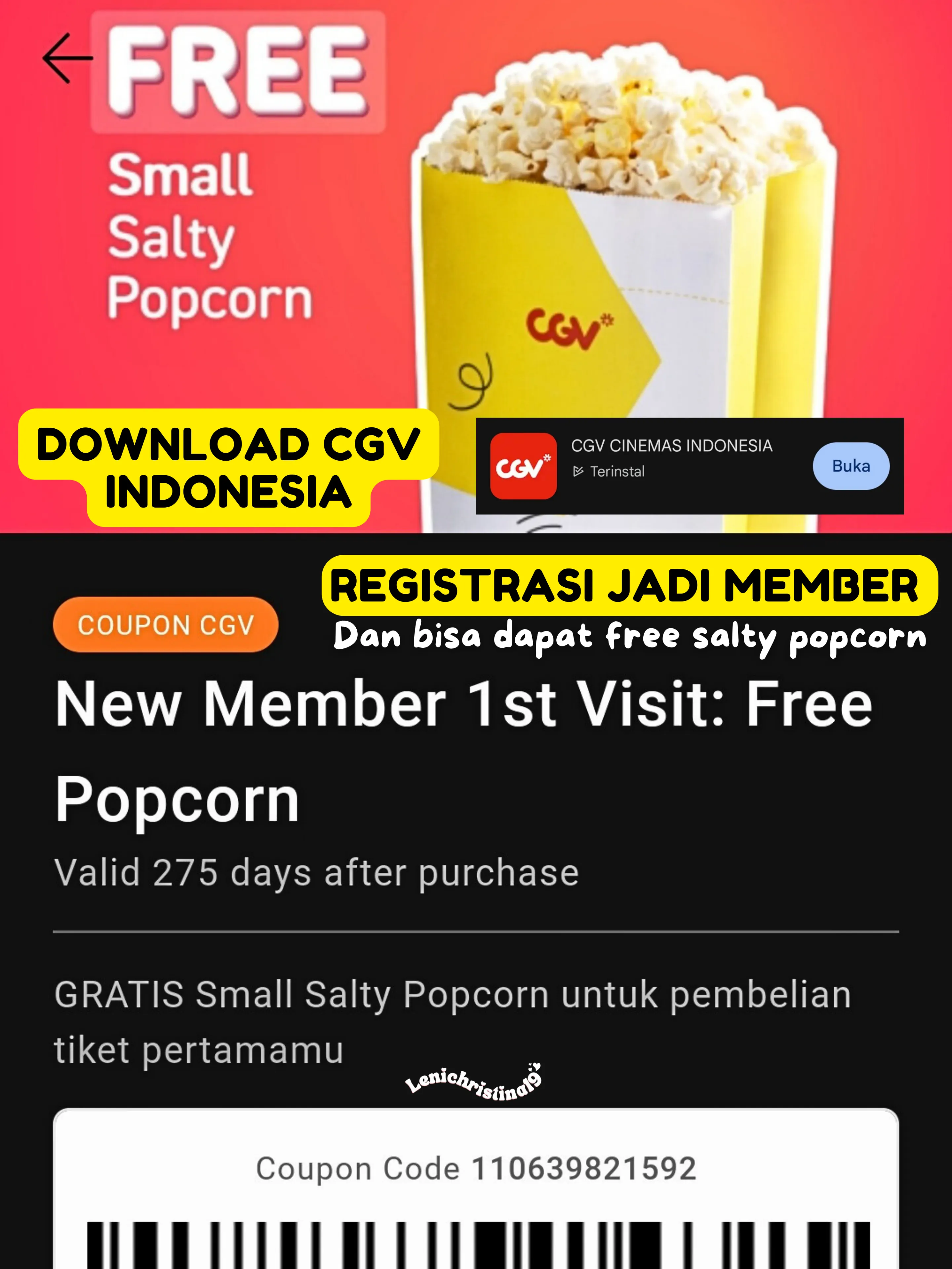 POPCORN GRATIS UNTUK MEMBER BARU CGV 😍 | Galeri diposting oleh LEN | Lemon8