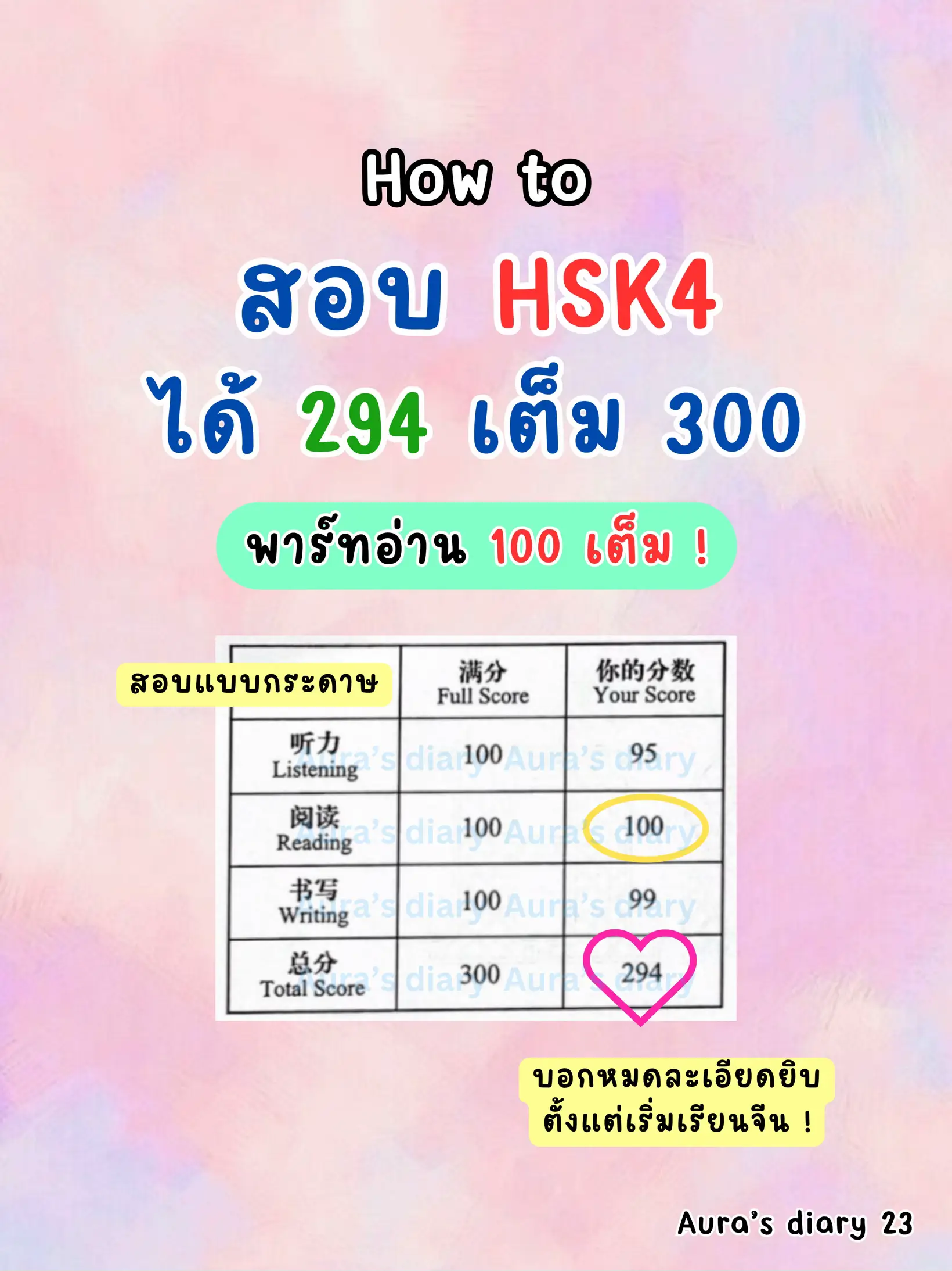 📚How to สอบHsk4 คะแนน 294 เต็ม 300 (บอกหมดละเอียดยิบ) | แกลเลอรีที่โพสต์โดย AURA’s diary 23 | Lemon8