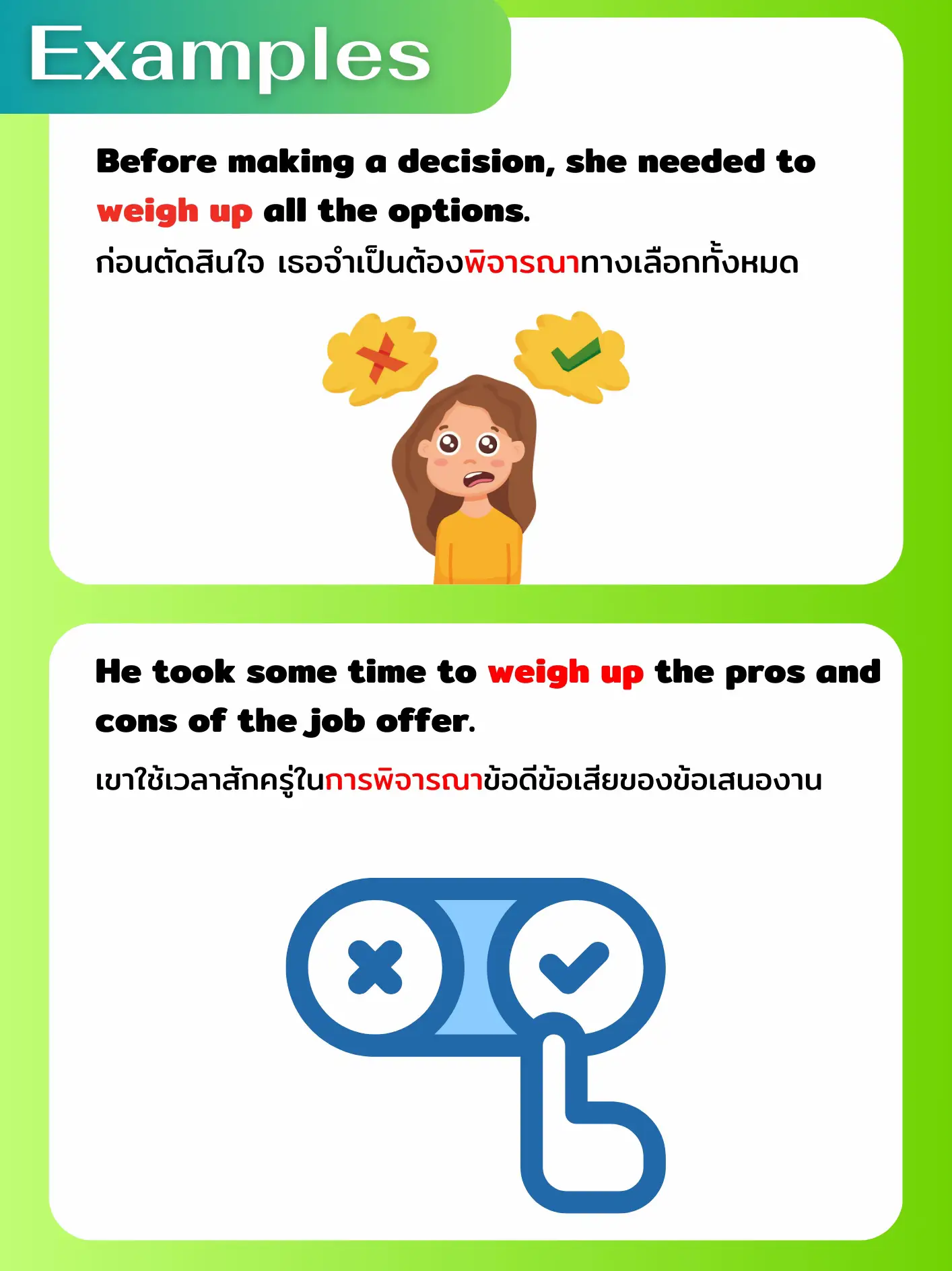 Weigh up (phrv.) แปลว่าอะไร | แกลเลอรีที่โพสต์โดย English AFT | Lemon8