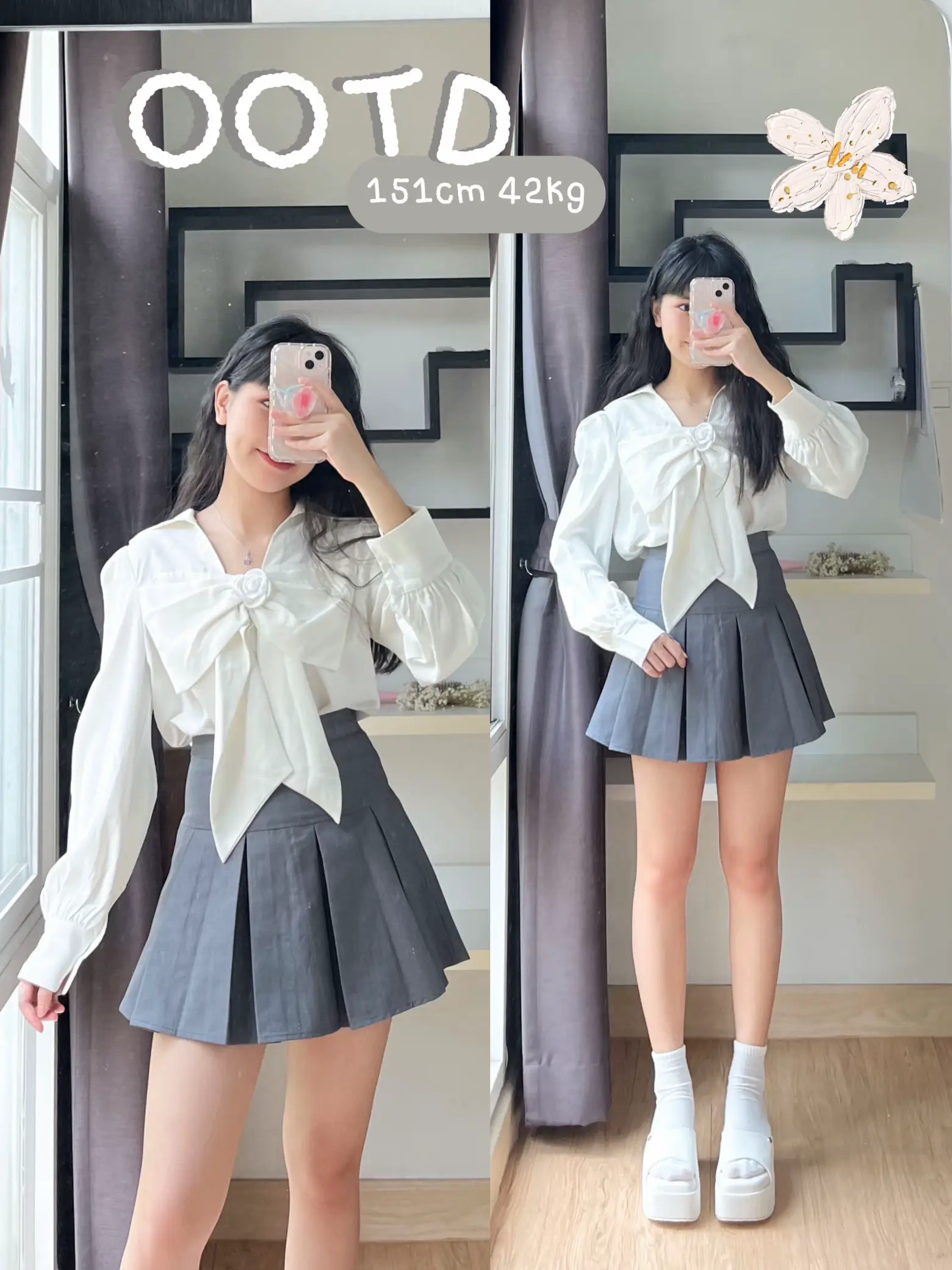 OOTD 150cm ︎Mix&match เสื้อเชิ้ตแขนพองคอโบว์ยักษ์🧈 𓐇 𓏸𓏸 | แกลเลอรีที่โพสต์โดย Boxofsher🎀151cm ...