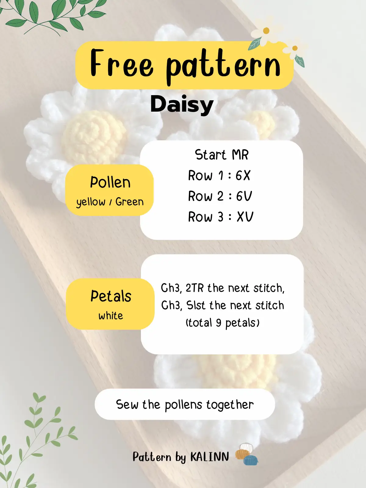 Free pattern : Daisy แบบที่ 4 🌼 | แกลเลอรีที่โพสต์โดย KALINN | Lemon8