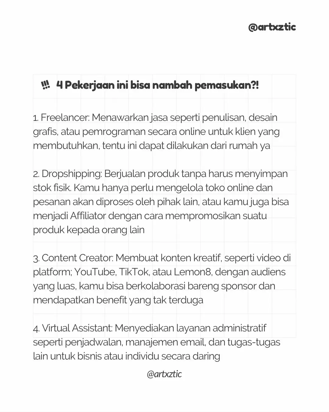 4 Pekerjaan ini bisa nambah pemasukan?! | Galeri diposting oleh art | design | Lemon8