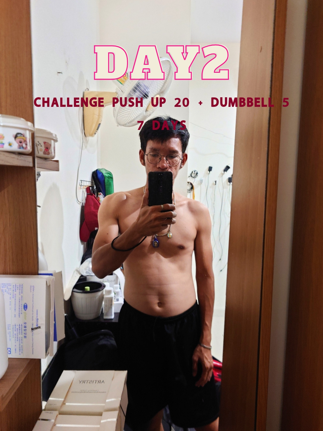 Day2 Challenge Push up 20 +Dumbbell 5 in 7 days. | วิดีโอที่เผยแพร่โดย Sumaru Noname | Lemon8