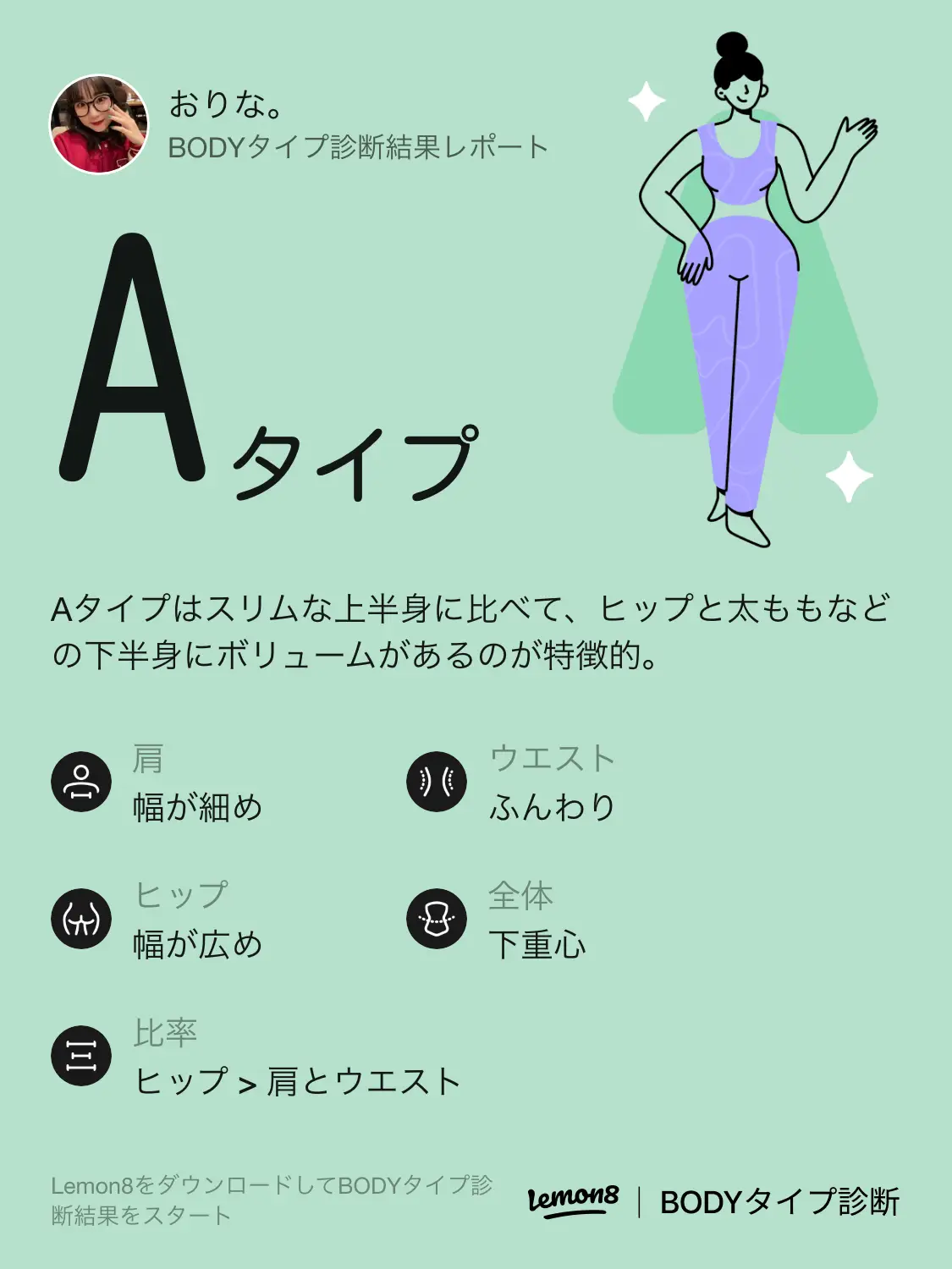 【BODYタイプ診断やってみたよ 】Aタイプ(骨格ウェーブ)のコーデ解説💜 | おりな。が投稿したフォトブック | Lemon8