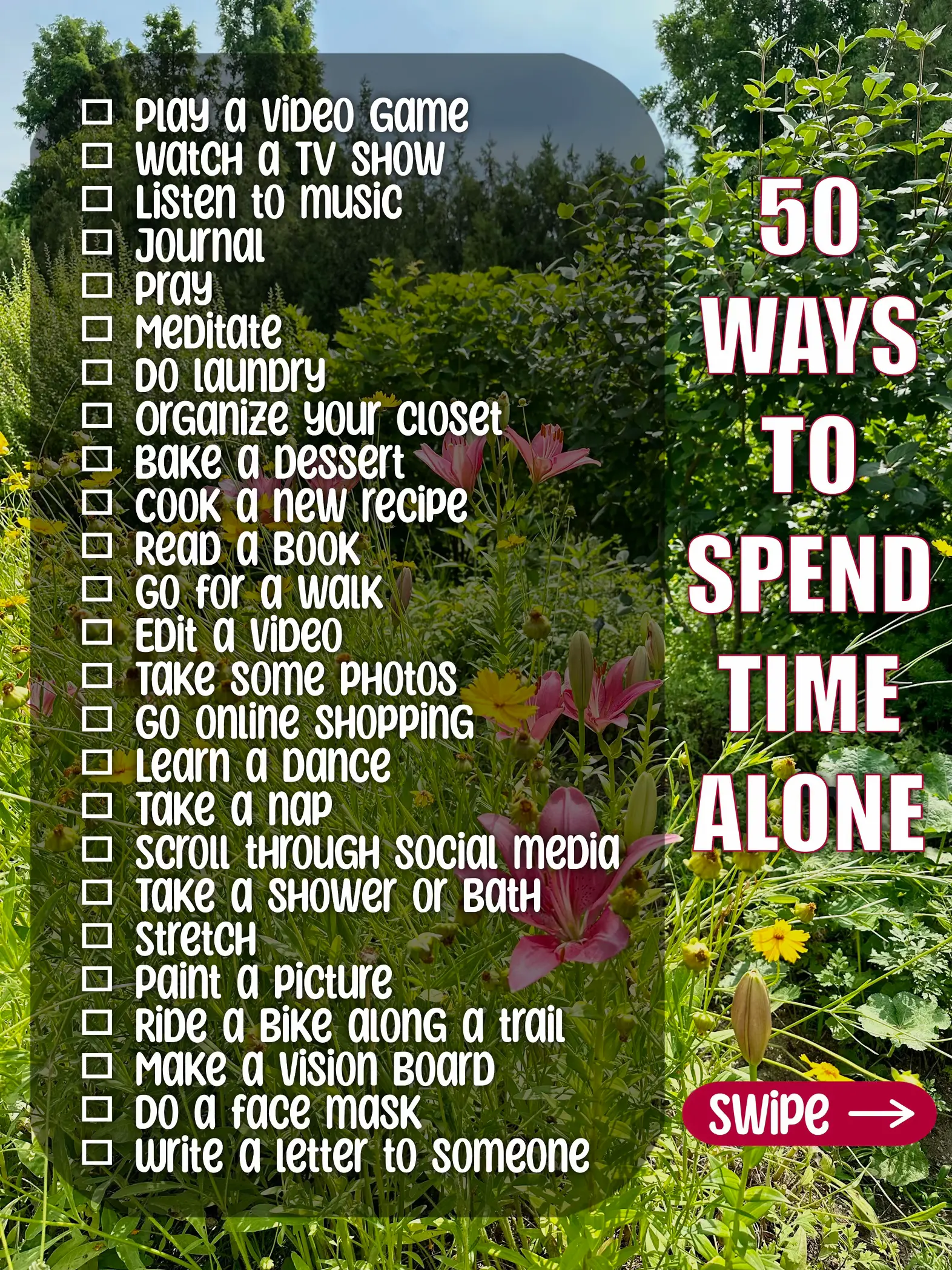 50 ways to spend time alone 🧘🏻‍♀️ | แกลเลอรีที่โพสต์โดย rebecca | Lemon8