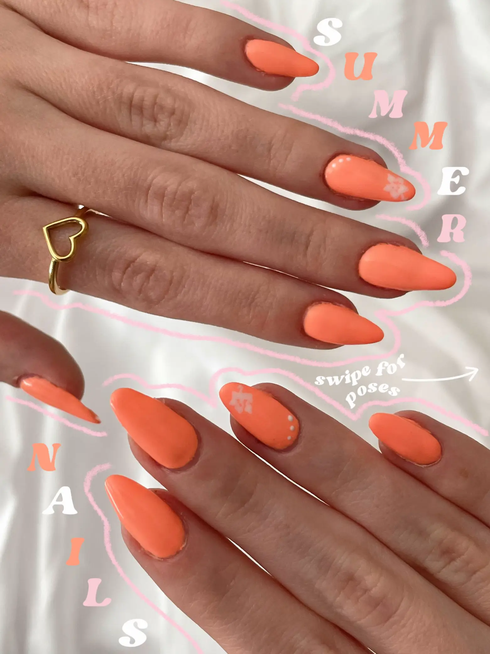 my summer nails + nail pic poses 🍊🌺 | แกลเลอรีที่โพสต์โดย gabs 🪐🌷 | Lemon8