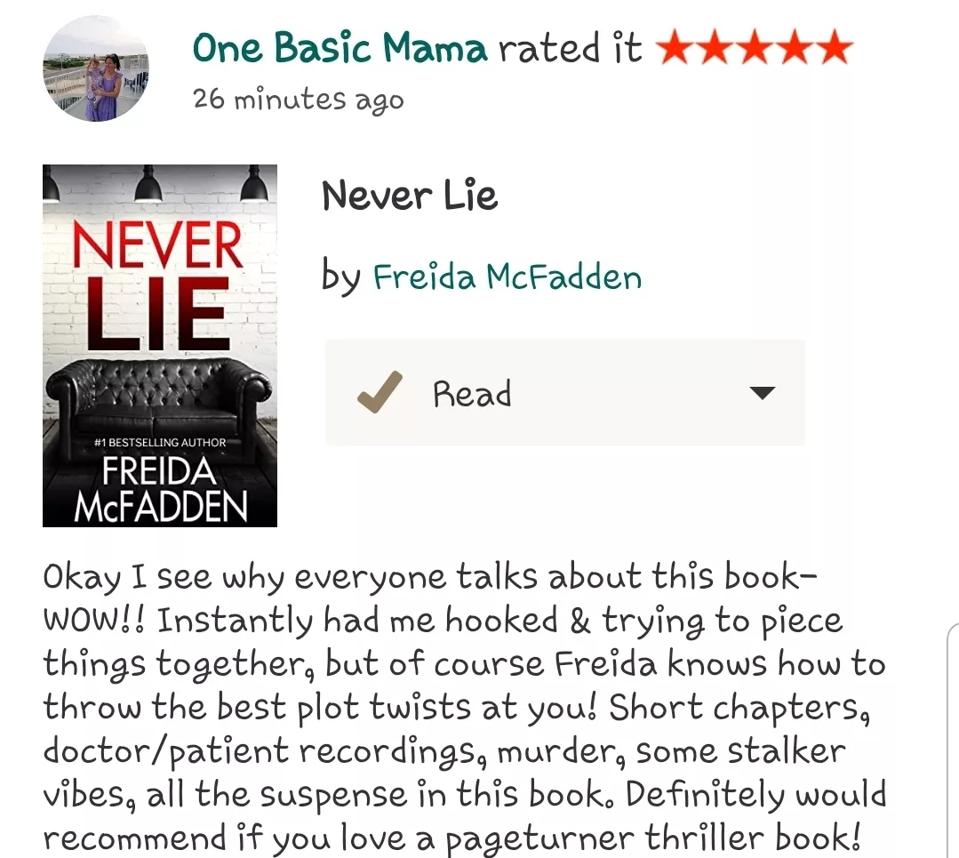 BOOK REVIEW: NEVER LIE FREIDA MCFADDEN 📚 | Gallery posted by Sarah | Lemon8